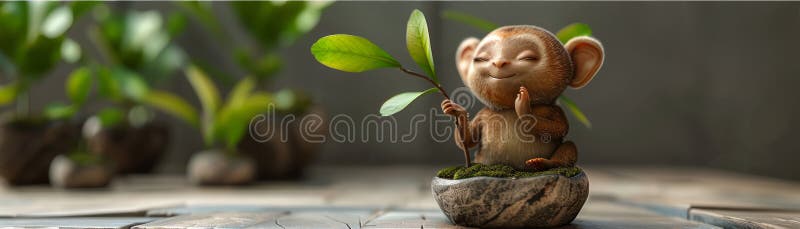 Adorable Monkey Figurine Meditating with Plant in Rustic Setting ...