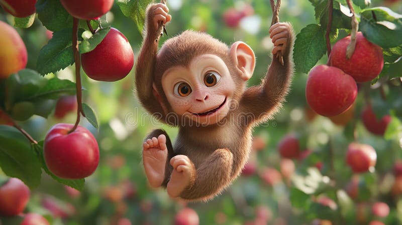 Adorable Monkey Hanging from Apple Tree Branches Stock Illustration ...