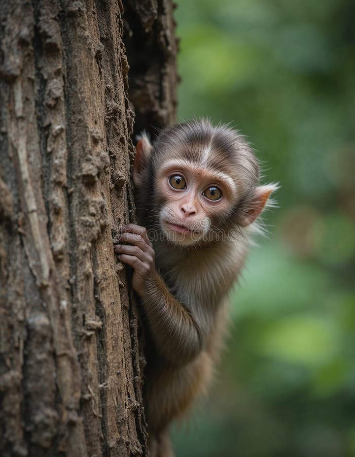 Adorable Monkey Peeking from Behind a Tree Trunk in a Lush Forest ...