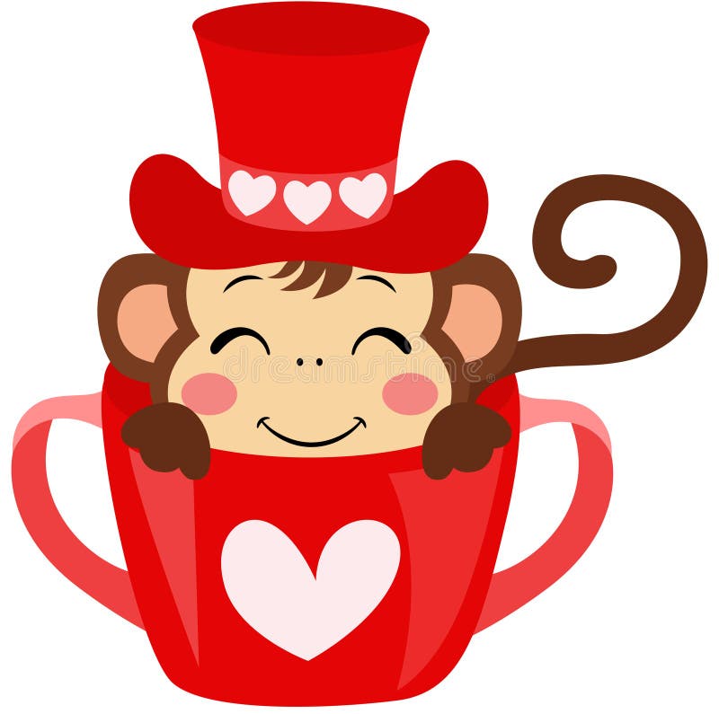 Adorable Monkey with Red Hat Inside the Red Teacup Stock Vector ...