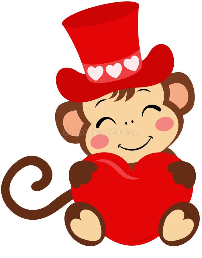 Adorable Monkey with Valentine Hat Holding a Red Heart Stock Vector ...
