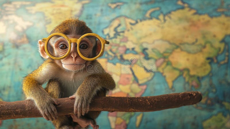 Adorable Monkey Wearing Yellow Glasses Near World Map Stock ...