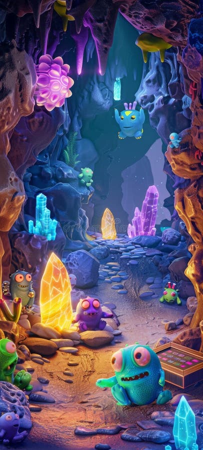 Adorable Monsters in a 3D Cave Classroom Learning Math from Glowing ...