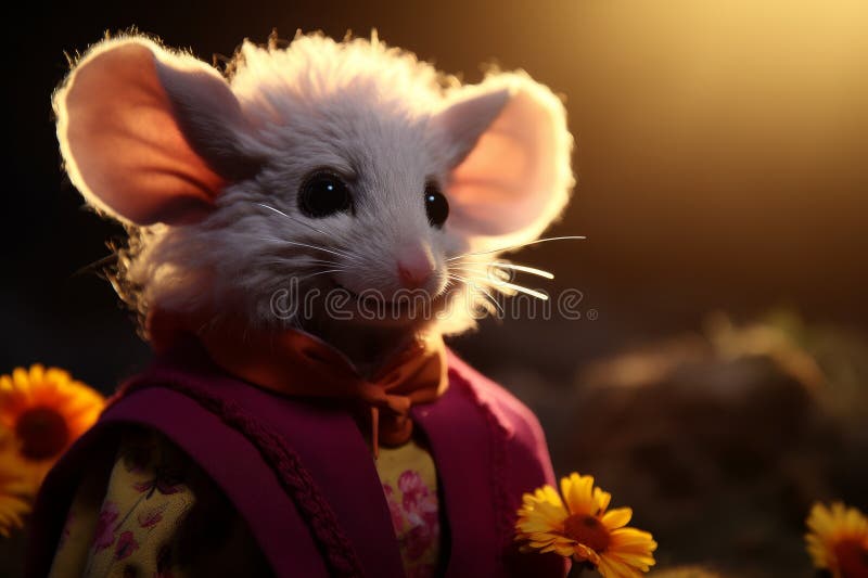 Adorable Mouse Character in a Whimsical Setting with Sunset Backlight ...