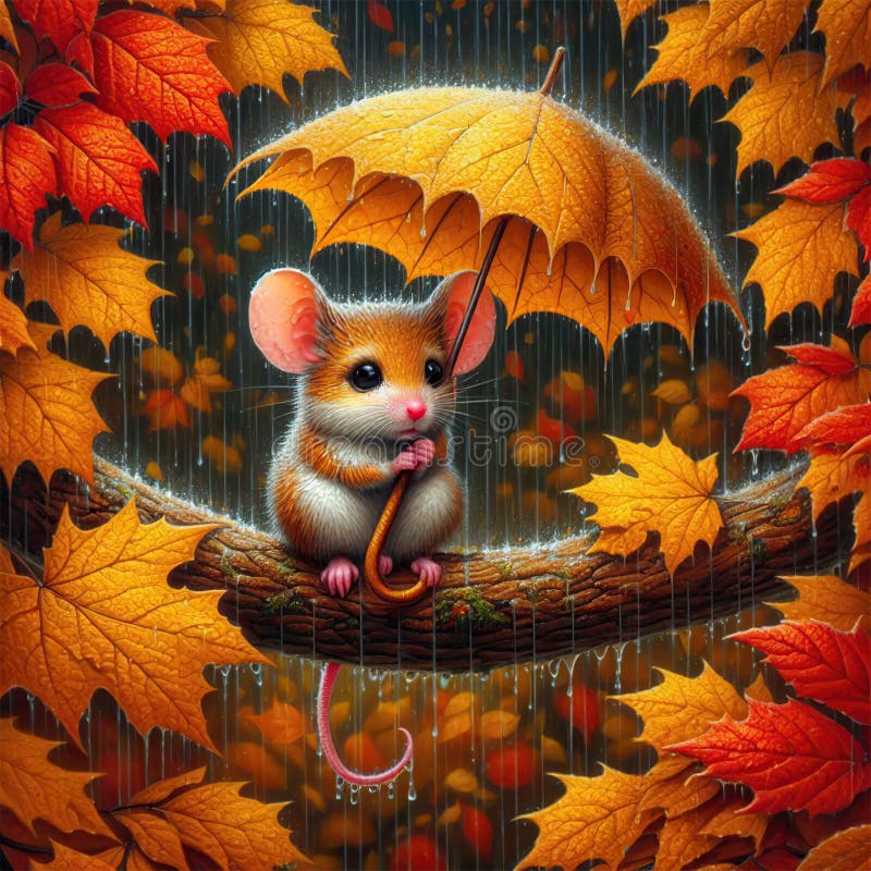 Adorable Mouse Sheltering from Autumn Rain Stock Illustration ...