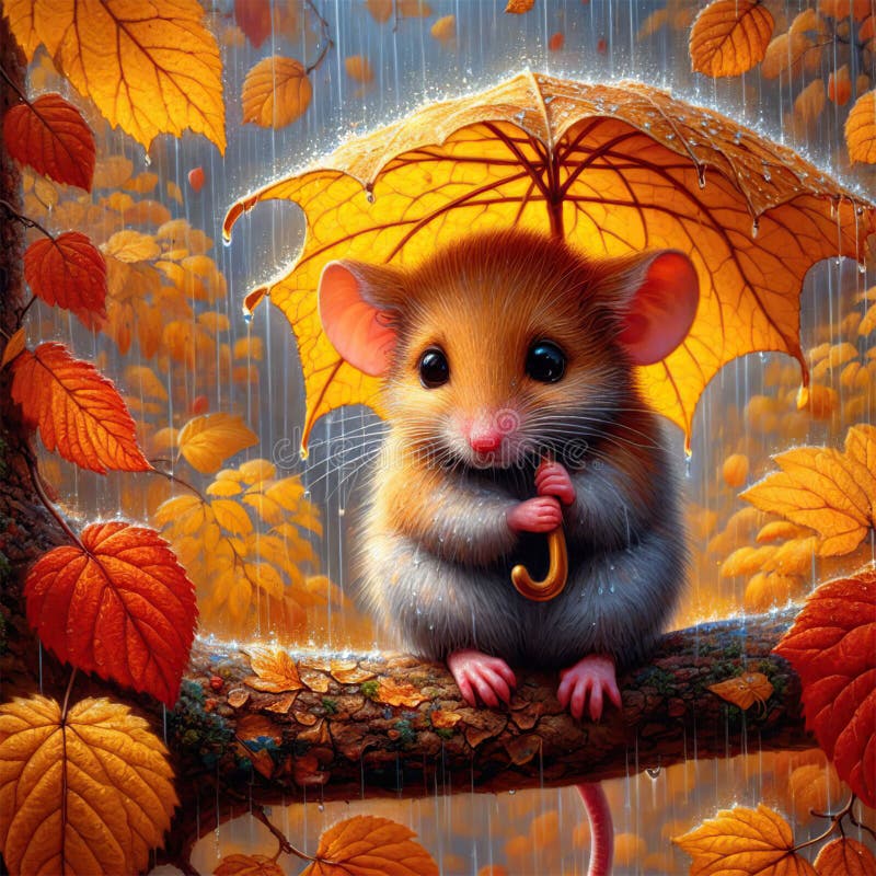 Adorable Mouse Sheltering from Autumn Rain Stock Illustration ...