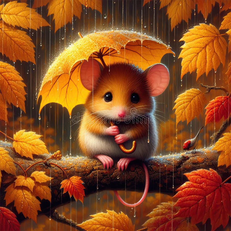 Adorable Mouse Sheltering from Autumn Rain Stock Illustration ...