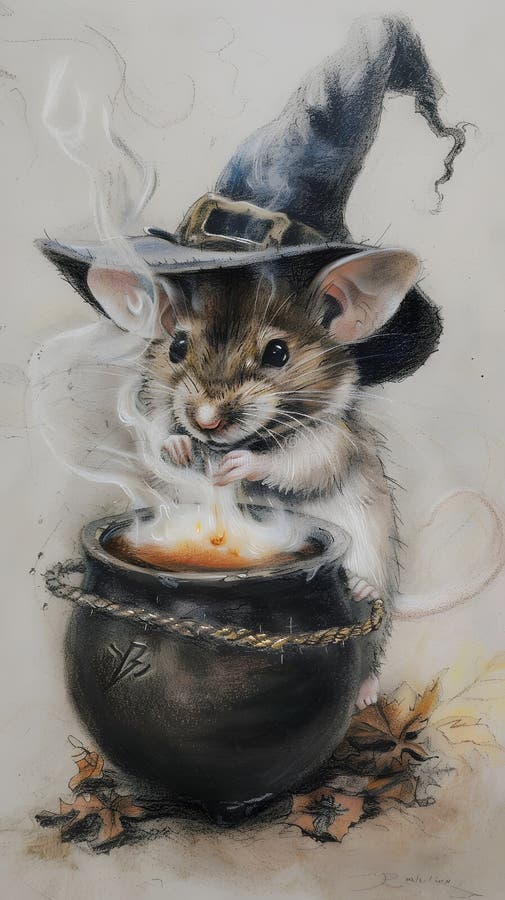 Cute Mouse in Witch Hat Stirring Pot of Magic Potion Stock Image ...