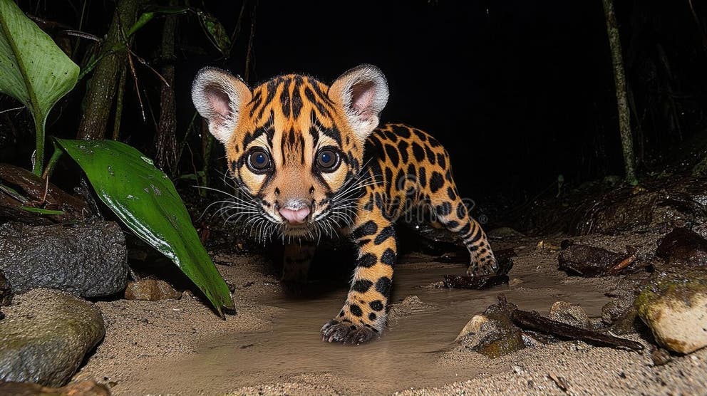 Adorable Ocelot Cub in Rainforest at Night Stock Illustration ...
