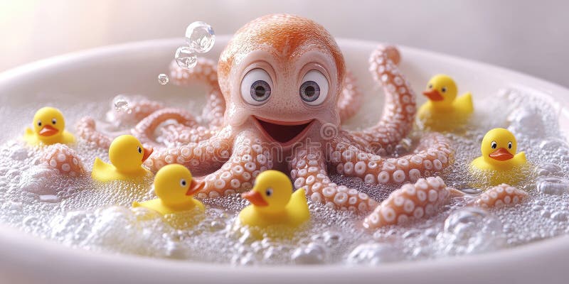 Adorable Octopus in a Bubble Bath with Rubber Ducks Stock Illustration ...
