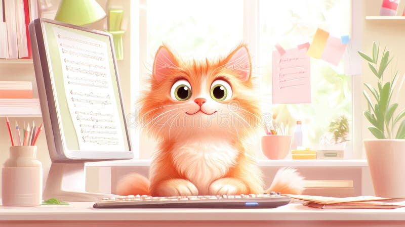 Adorable Orange Cat at Desk with Computer and Music Sheets Stock Image ...
