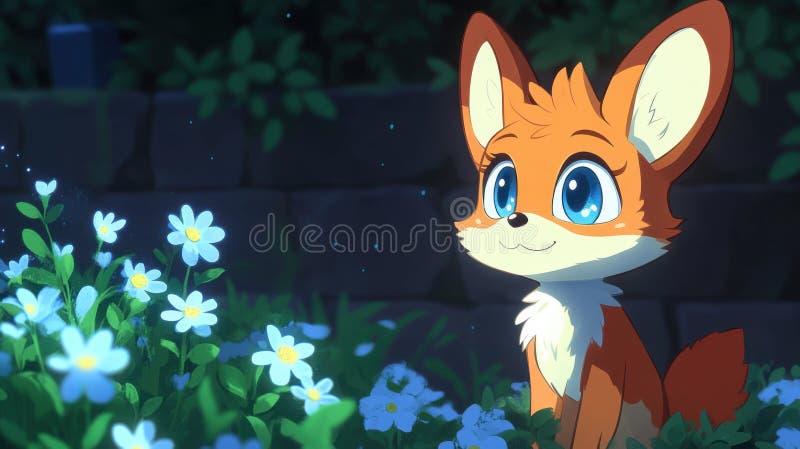Adorable Orange Fox Amidst Glowing Blue Flowers at Night Stock ...