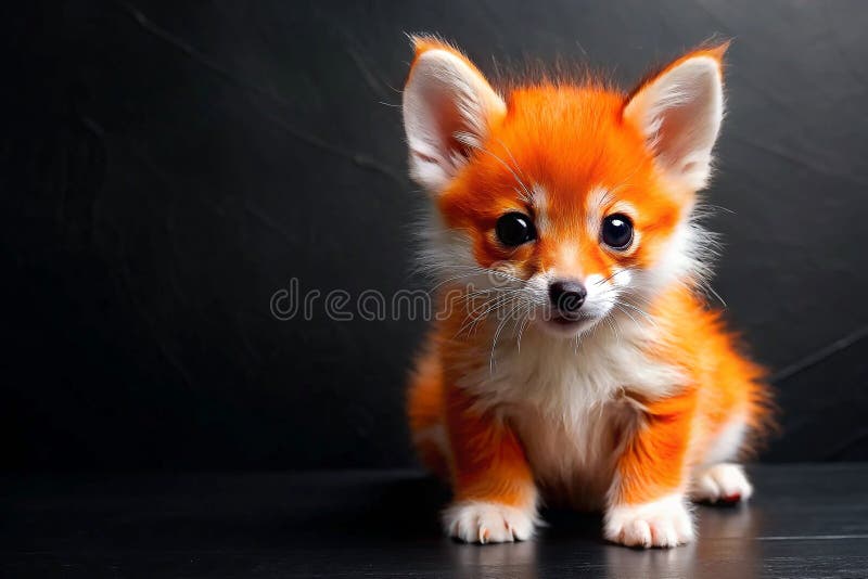 Adorable Orange Fox Puppy on Black Background (1 Stock Illustration ...