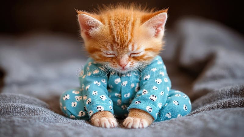 Adorable Orange Kitten Sleeping in Blue Pajamas with Skulls Pattern ...
