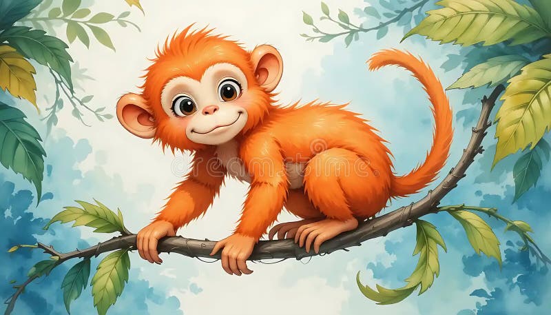 Adorable Orange Monkey on Branch Stock Illustration - Illustration of playful, happy: 359278911