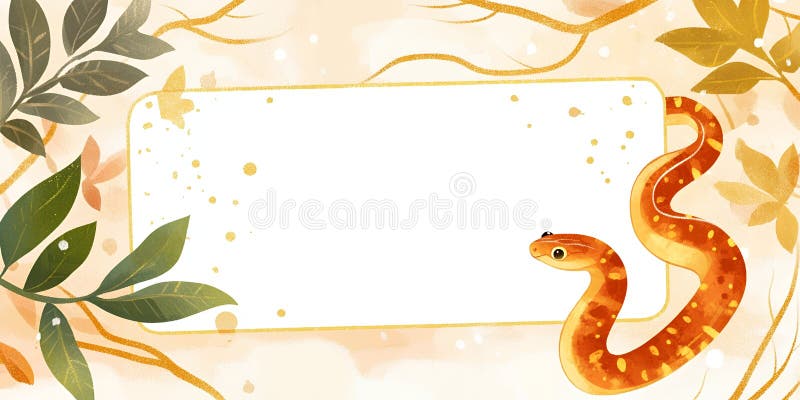 Adorable Orange Snake Illustration with Gold Botanical Frame and Blank ...