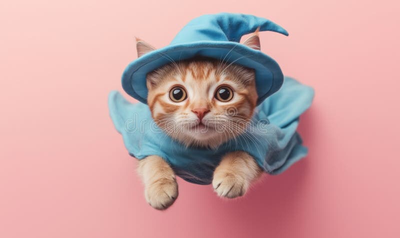Adorable Orange Tabby Cat in Blue Wizard Hat and Cape Against Pink ...