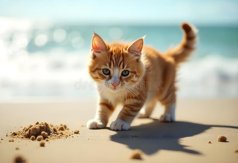 Cute Orange Tabby Cat Exploring Sandy Beach beside Sparkling Ocean on a ...