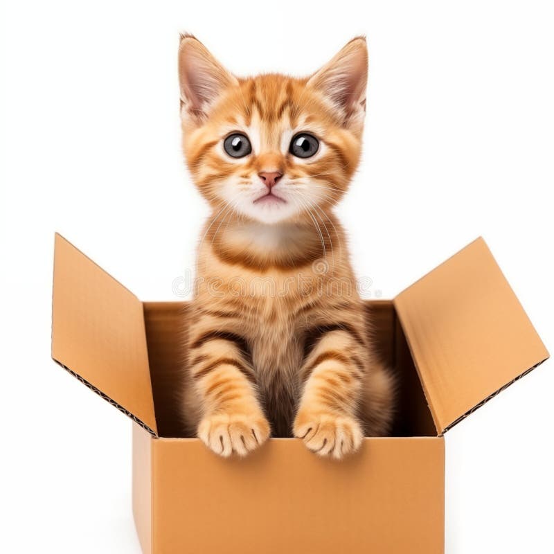 Adorable Orange Tabby Kitten Sitting Inside a Cardboard Box Stock ...