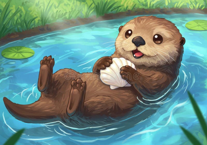 Adorable Otter Floating Playfully with Shell in Tranquil Water Scene ...