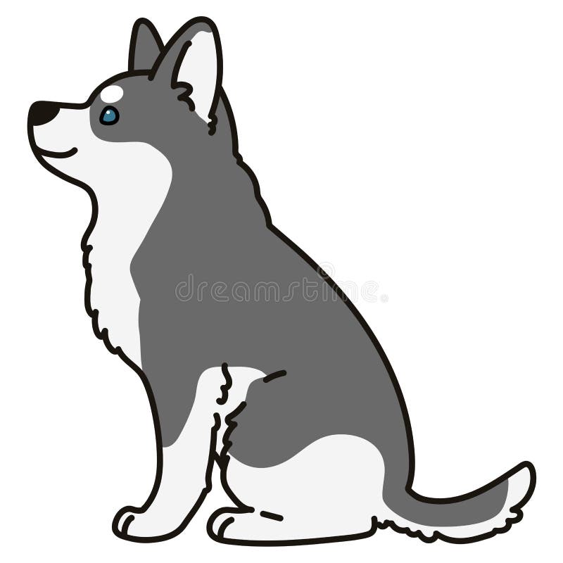 Adorable Outlined Grey Husky Dog Sitting in Side View Illustration ...