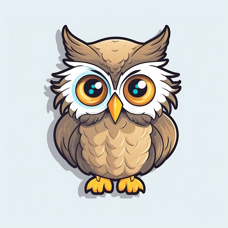 Cute Illustrated Owl with Big Eyes and Fluffy Feathers. Stock ...