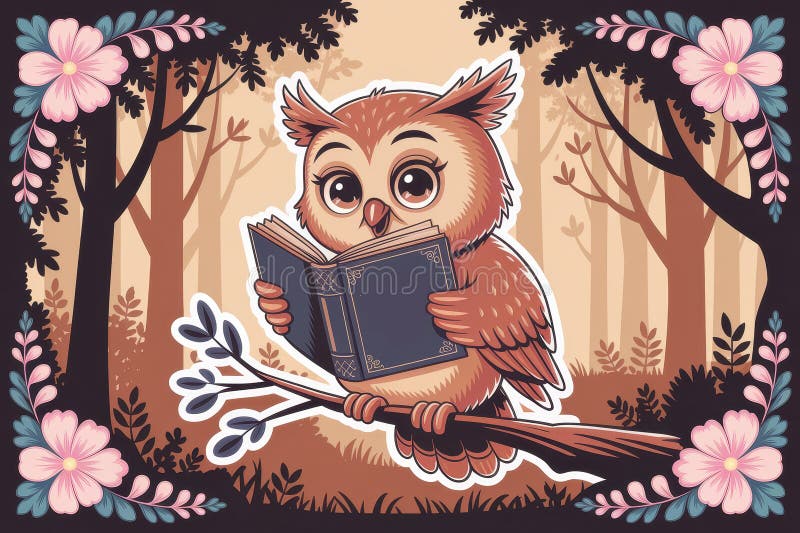 Adorable Owl Reading a Book in Enchanted Forest with Floral Frame Stock ...