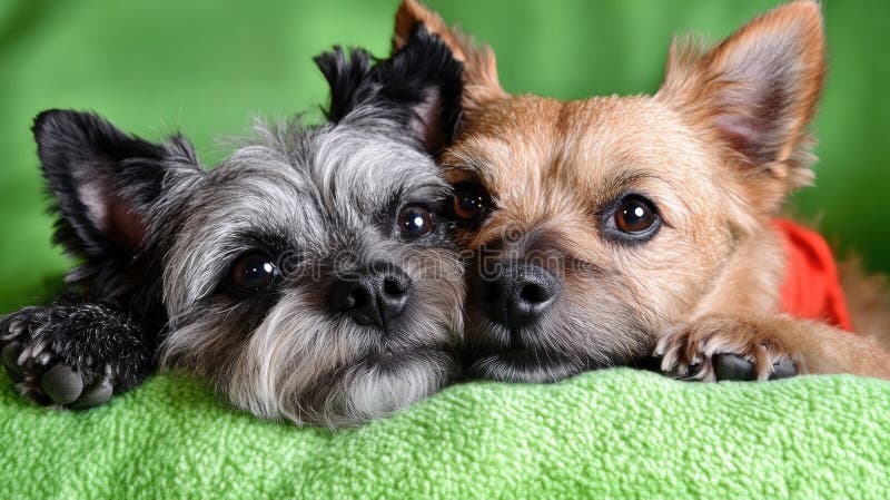 Adorable Pair of Small Dogs Relaxing on Green Blanket Stock Photo ...
