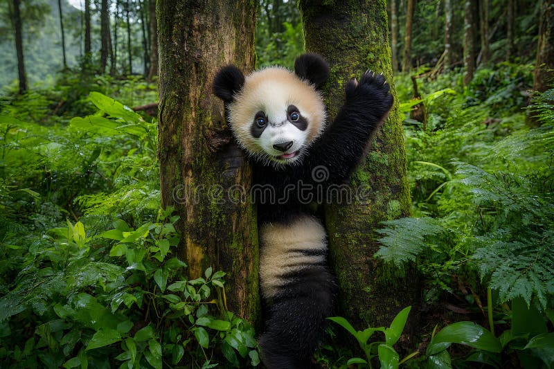 Adorable Panda Bear Climbing a Tree in a Bamboo Forest Stock ...