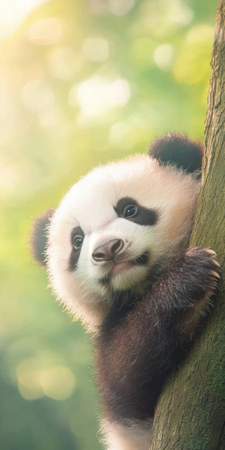 Adorable Panda Cub Climbing Tree in Sunlit Forest Stock Photo - Image ...