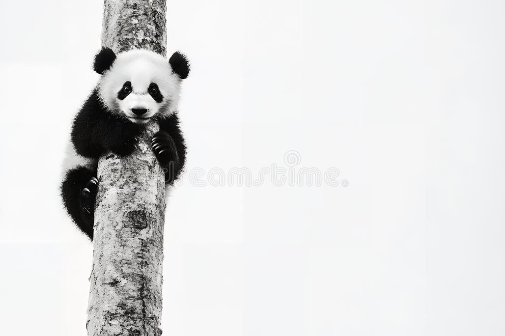 Adorable Panda Cub Climbing Tree Trunk in Black and White Stock ...