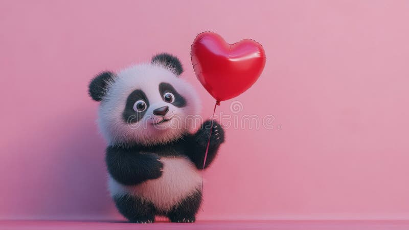 Adorable Panda Cub Holding a Red Heart Balloon Stock Illustration ...