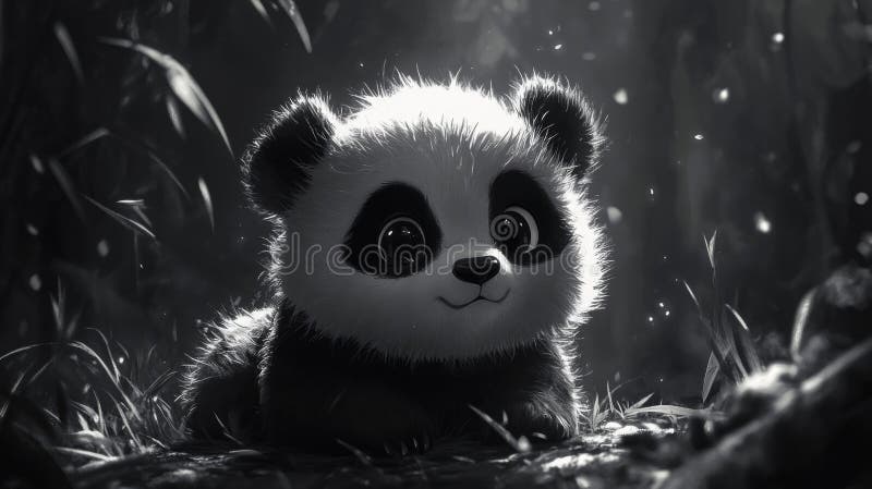 Adorable Panda Cub in Monochrome Forest Setting Stock Illustration ...