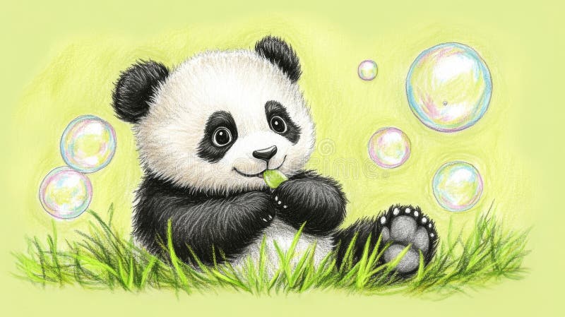 Adorable Panda Cub Surrounded by Bubbles on a Bright Green Background ...