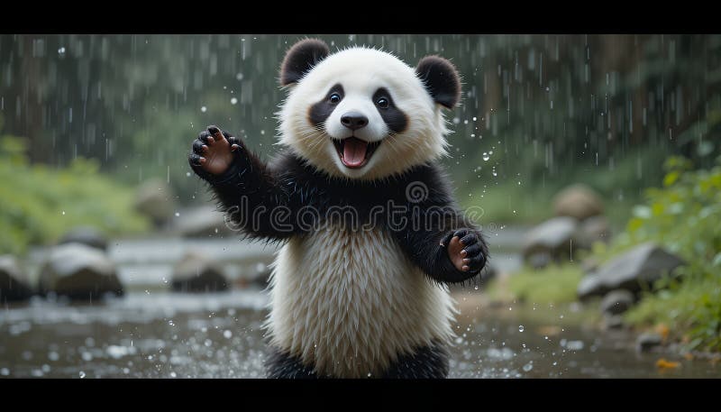 An Adorable Panda Dancing Joyfully in the Rain Stock Illustration ...