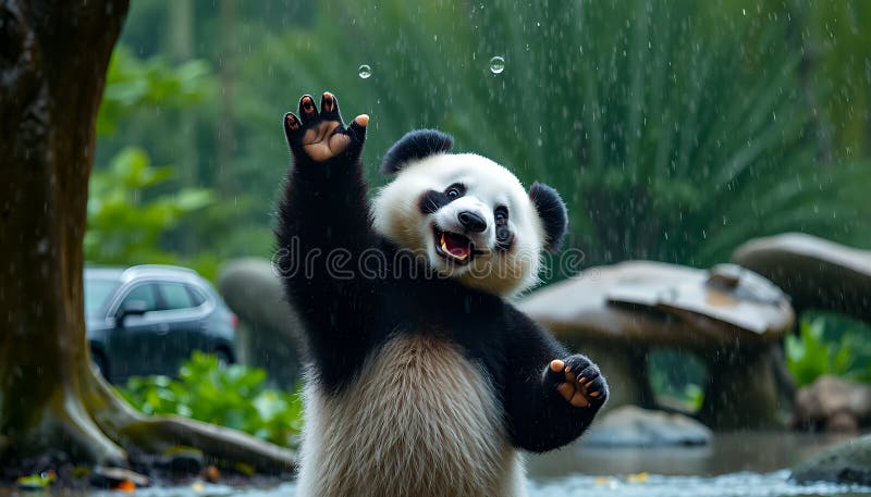 An Adorable Panda Dancing Joyfully in the Rain Stock Illustration ...