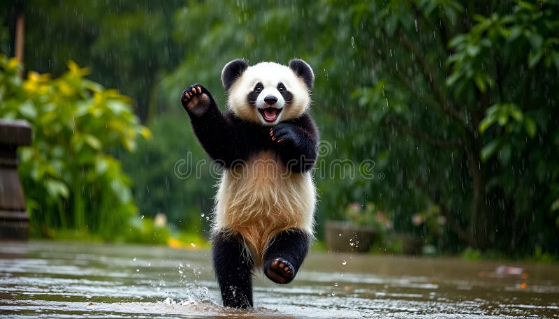 An Adorable Panda Dancing Joyfully in the Rain Stock Illustration ...