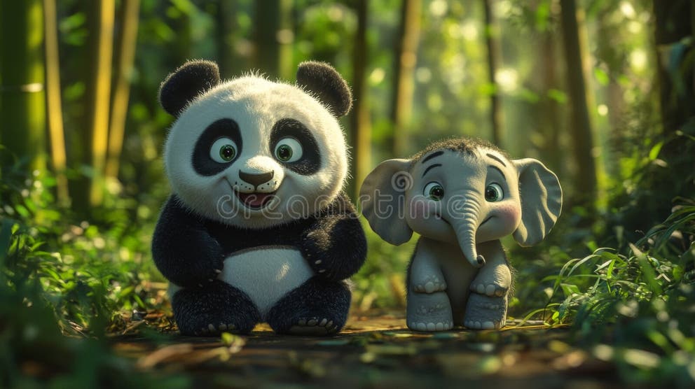 Adorable Panda and Elephant in a Bamboo Forest Stock Illustration ...
