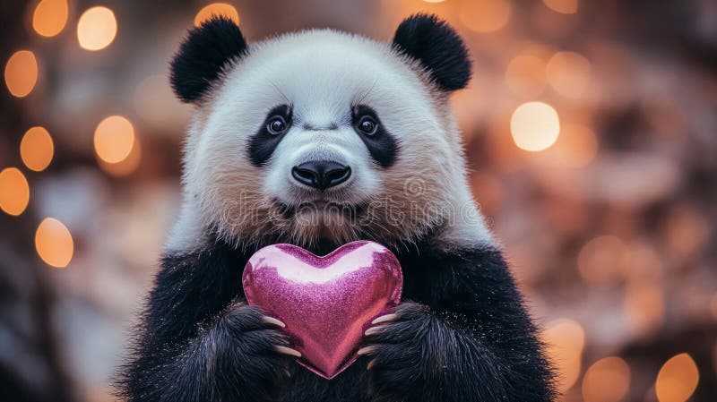 Adorable Panda Holding Pink Heart Stock Illustration - Illustration of ...