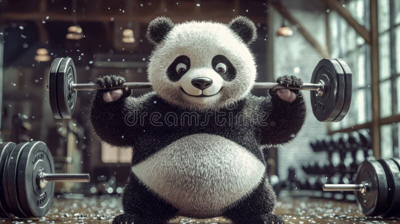 Adorable Panda Lifting Weights in a Gym Stock Illustration ...