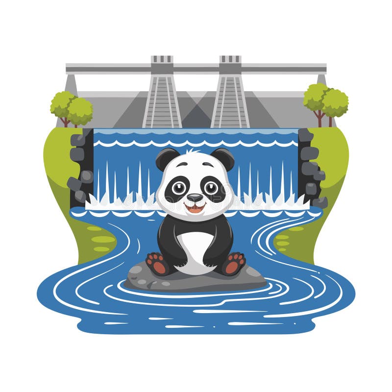 Adorable Panda Sitting on Rock by Waterfall with Dam and Trees Vector ...