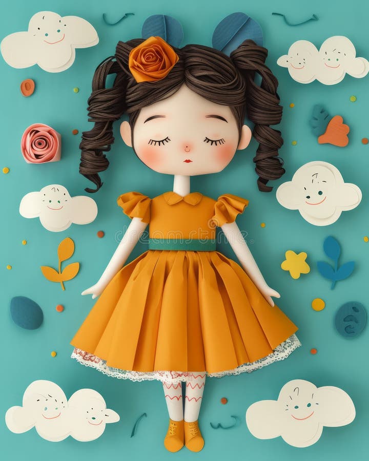 Captivating Paper Art Doll With Orange Dress Surrounded By Whimsical