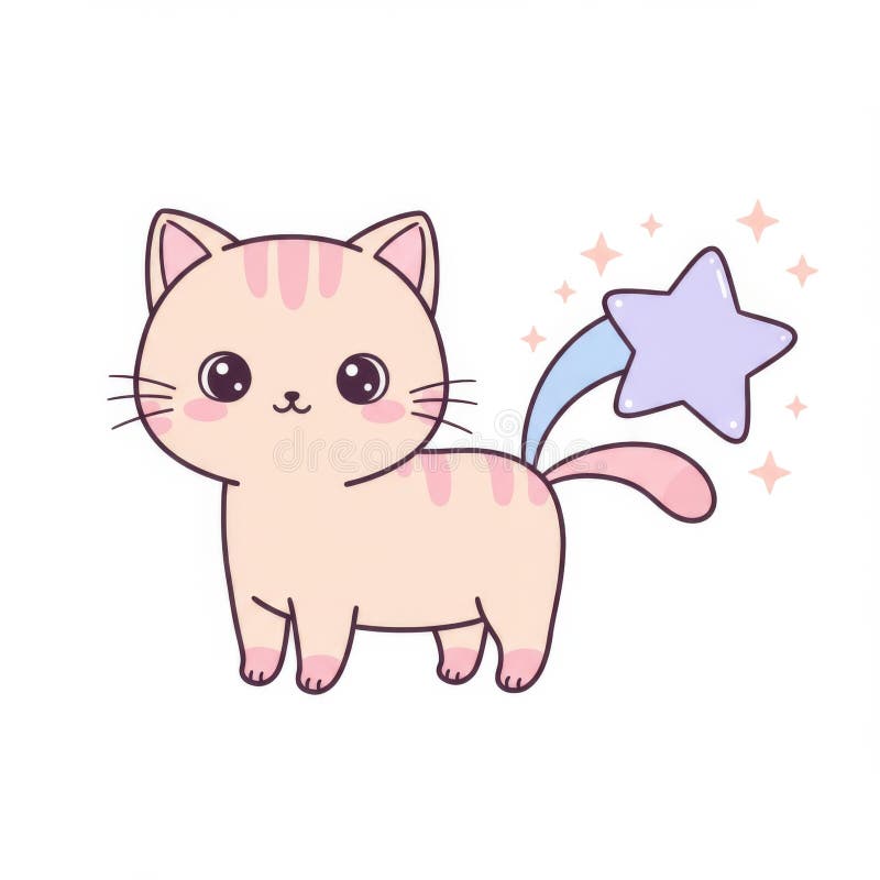 Adorable Pastel Pink Cat with Magical Star Tail Stock Illustration ...