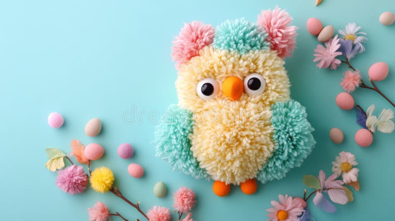Adorable Pastel Yarn Owl Craft on Light Blue Background Stock ...