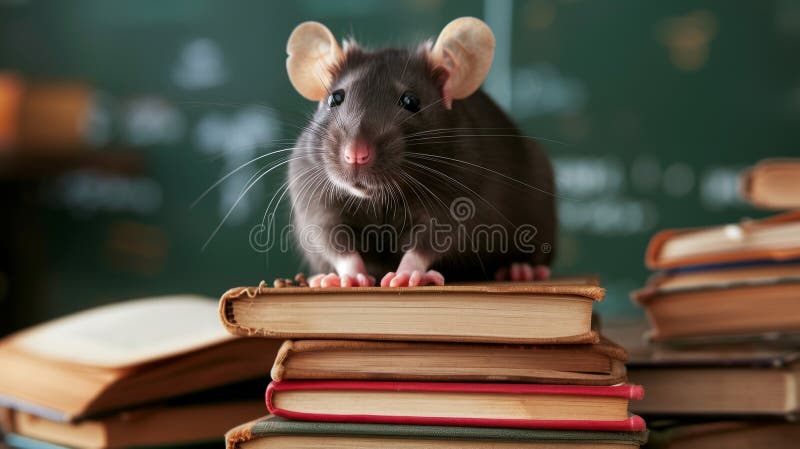 Adorable Pet Rat Sitting on Stacked Books Stock Photo - Image of rodent ...