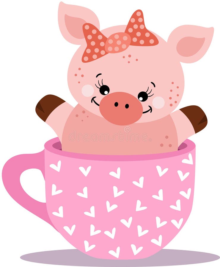 Adorable pig in pink cup stock vector. Illustration of friendship ...