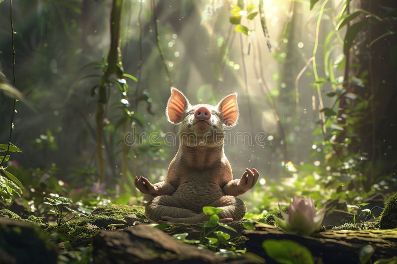 Adorable Pig in a Serene Forest, Sitting in a Meditative Lotus Pose ...