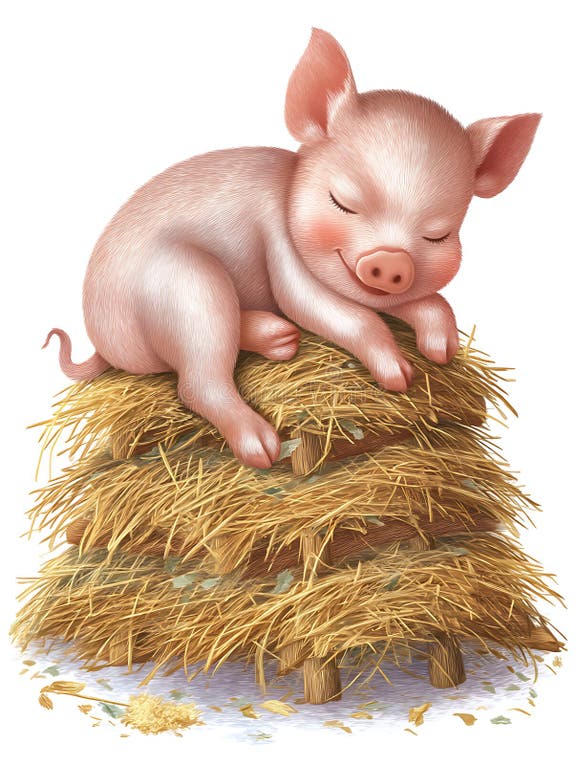 Adorable Piglet Napping Peacefully on a Haystack Stock Illustration ...