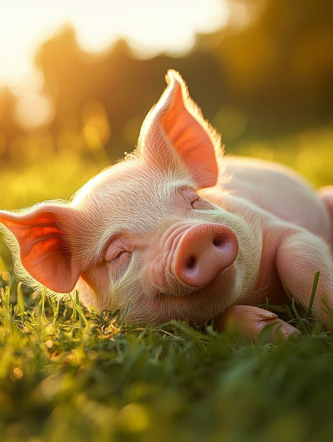 Adorable Piglet Sleeping Peacefully on Grass in Warm Sunlight Stock ...