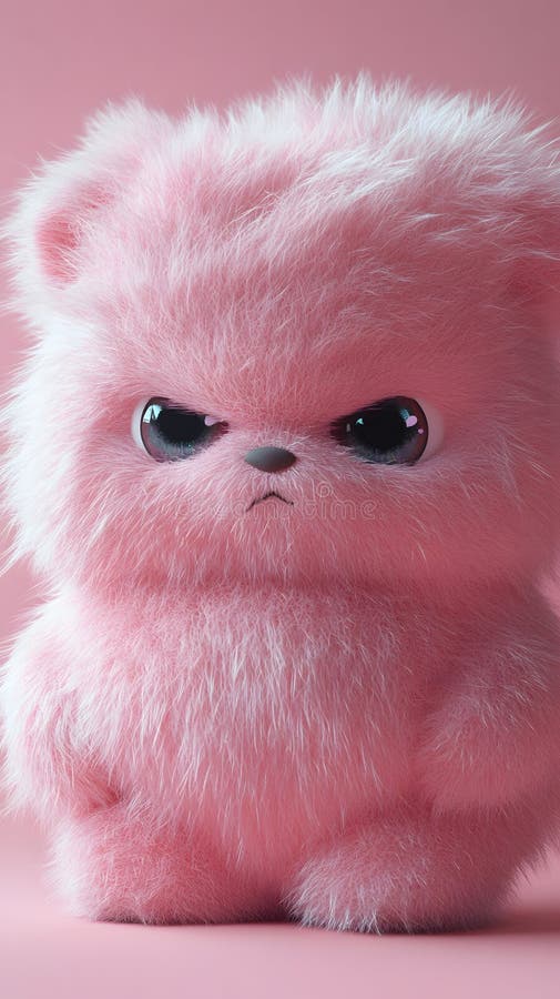 Fluffy Pink Bear with a Grumpy Expression Against a Pastel Background ...
